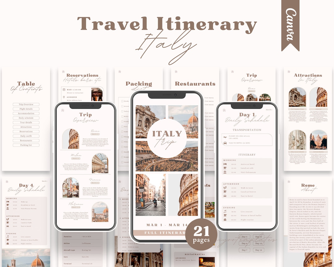 Italy Travel Itinerary Template: Editable Digital Travel Planner (canva ...