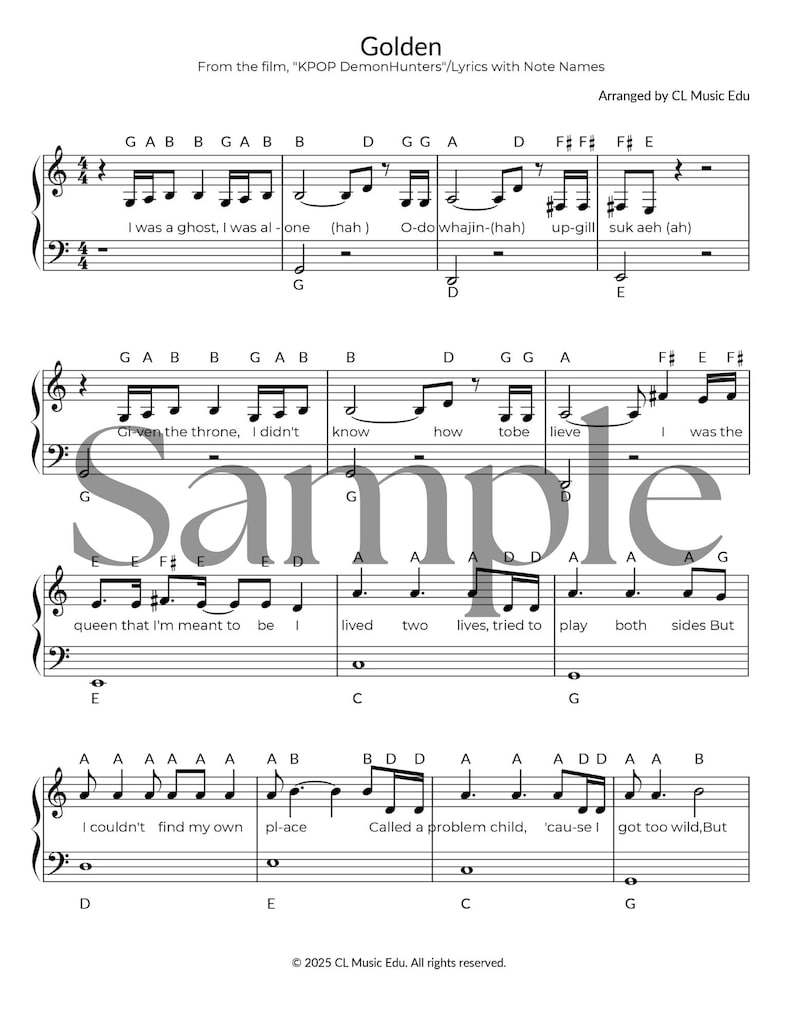 Golden | Full Song With Lyrics (with Note Names) | Easy Piano - Etsy