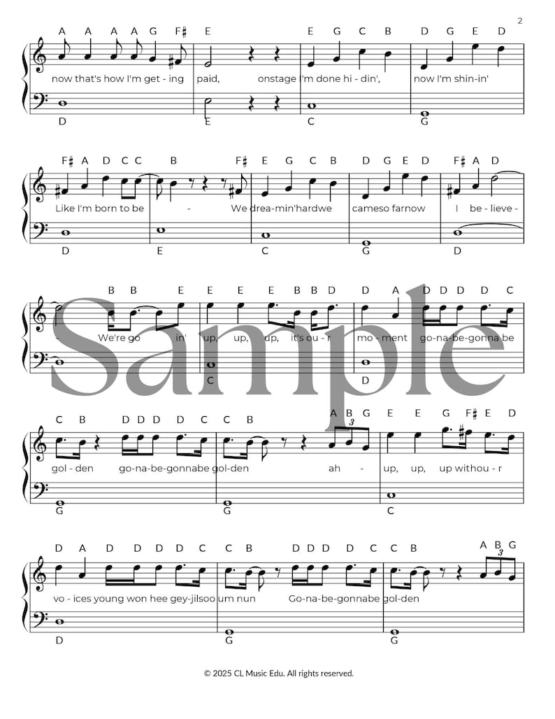 Golden | Full Song With Lyrics (with Note Names) | Easy Piano - Etsy