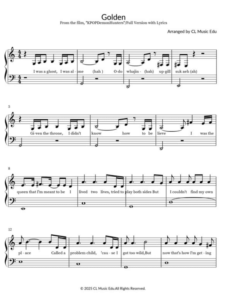 Golden | Full Song With Lyrics | Easy Piano - Etsy