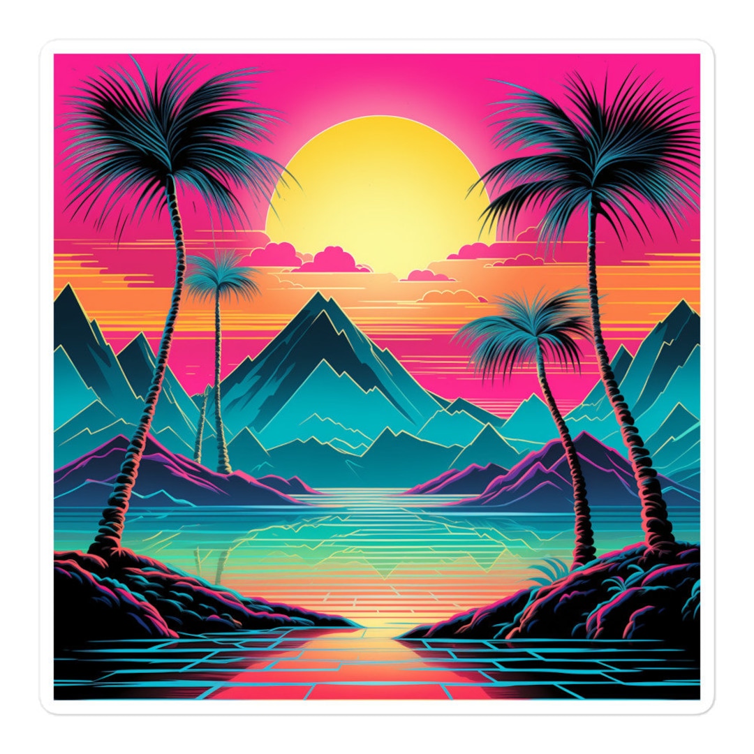 Tropical Neon Sunset Vinyl Sticker, Palm Trees, Mountains, Digital Grid ...