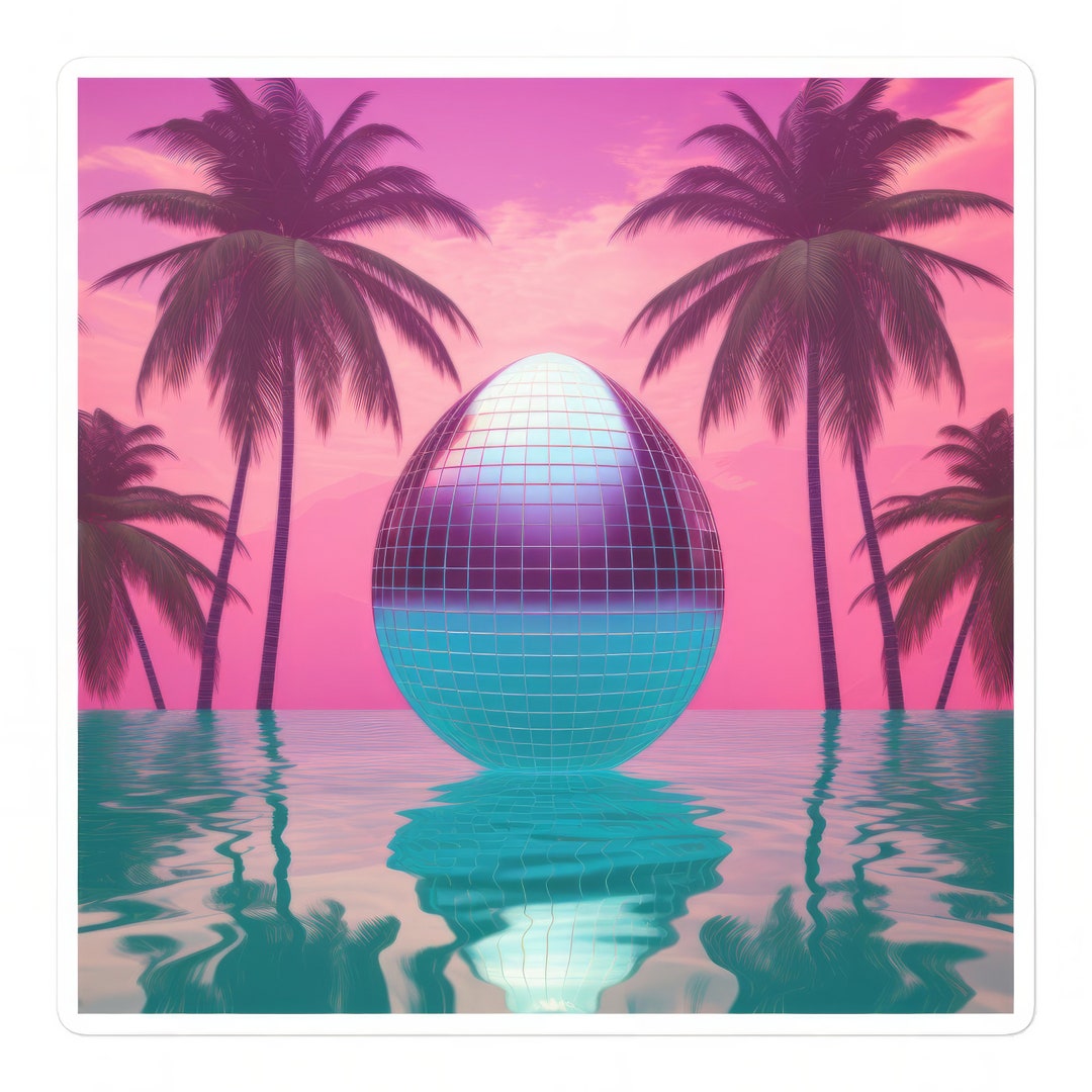 Pink Sky Palm Tree Water Ripple Mirror Egg, RAD Vinyl Sticker, 80s 90s ...