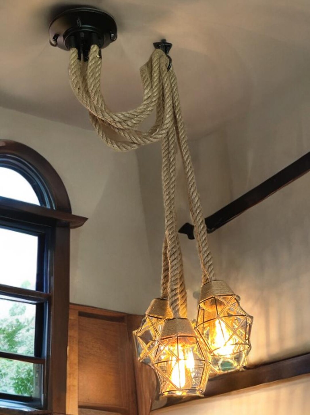 Rustic Ceiling Light, With Long Rope Edison Pendants Rustic Cages ...