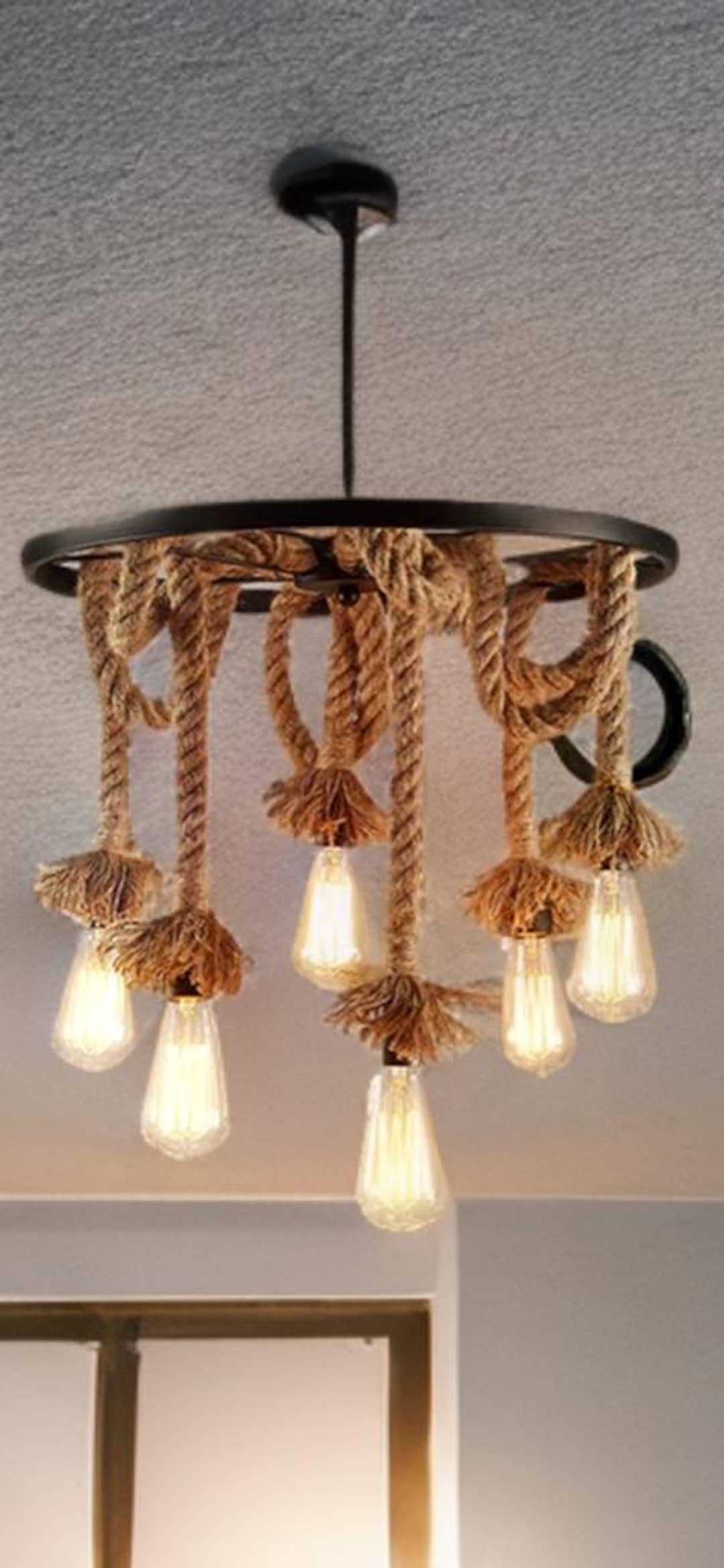 Rustic Rope Ceiling Light, Handmade From Rope Lights Attached to Either ...