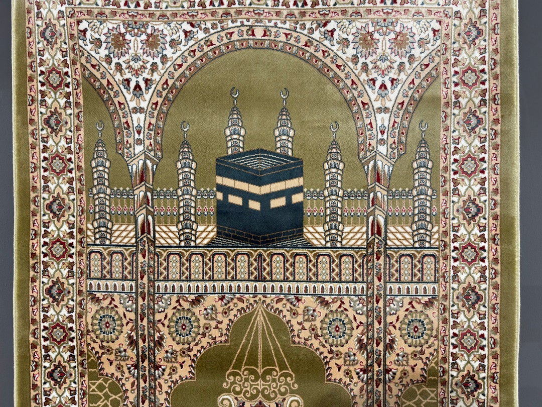 Prayer Rug With Kaaba Pattern, 3x4 Green Prayer Silk Rug, Bamboo Prayer ...