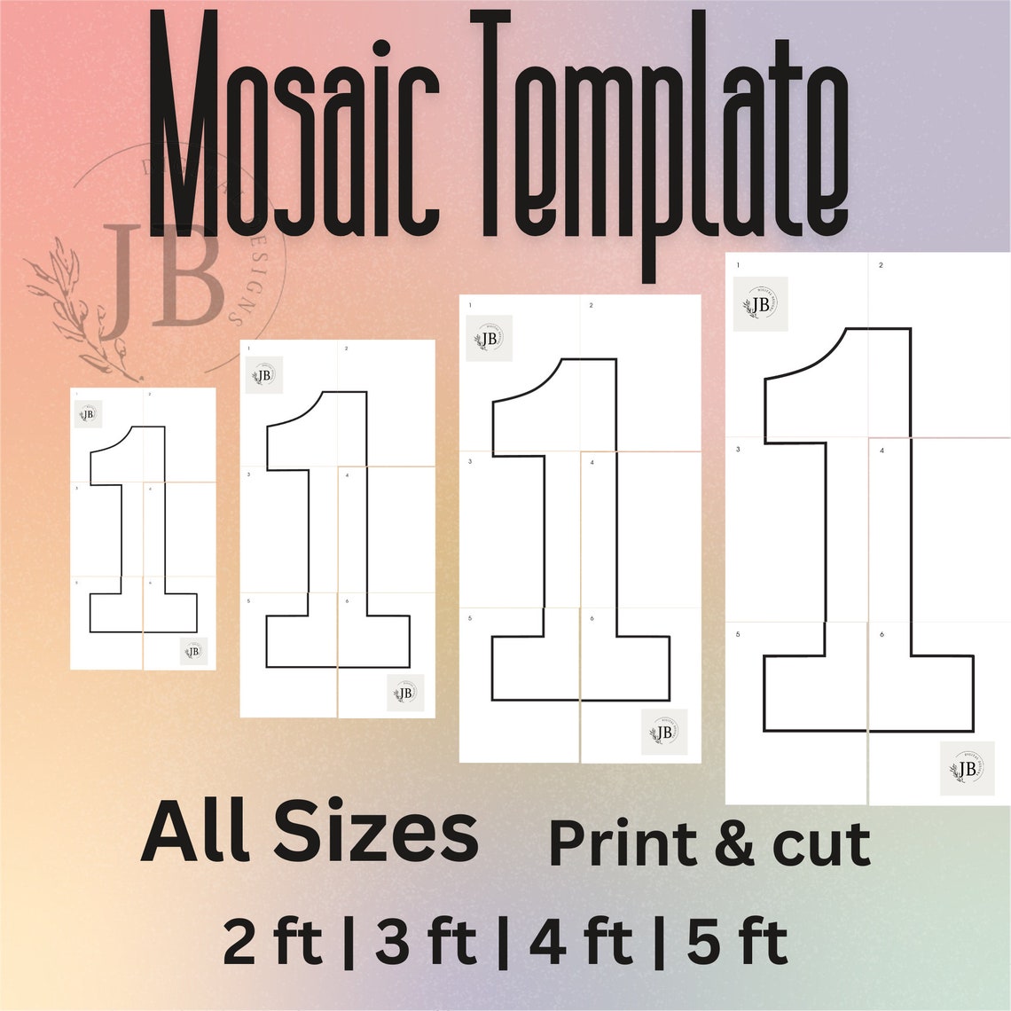 Mosaic Number 1, ONE Mosaic Template, 2ft, 3ft, 4ft, 5ft, Digital ...