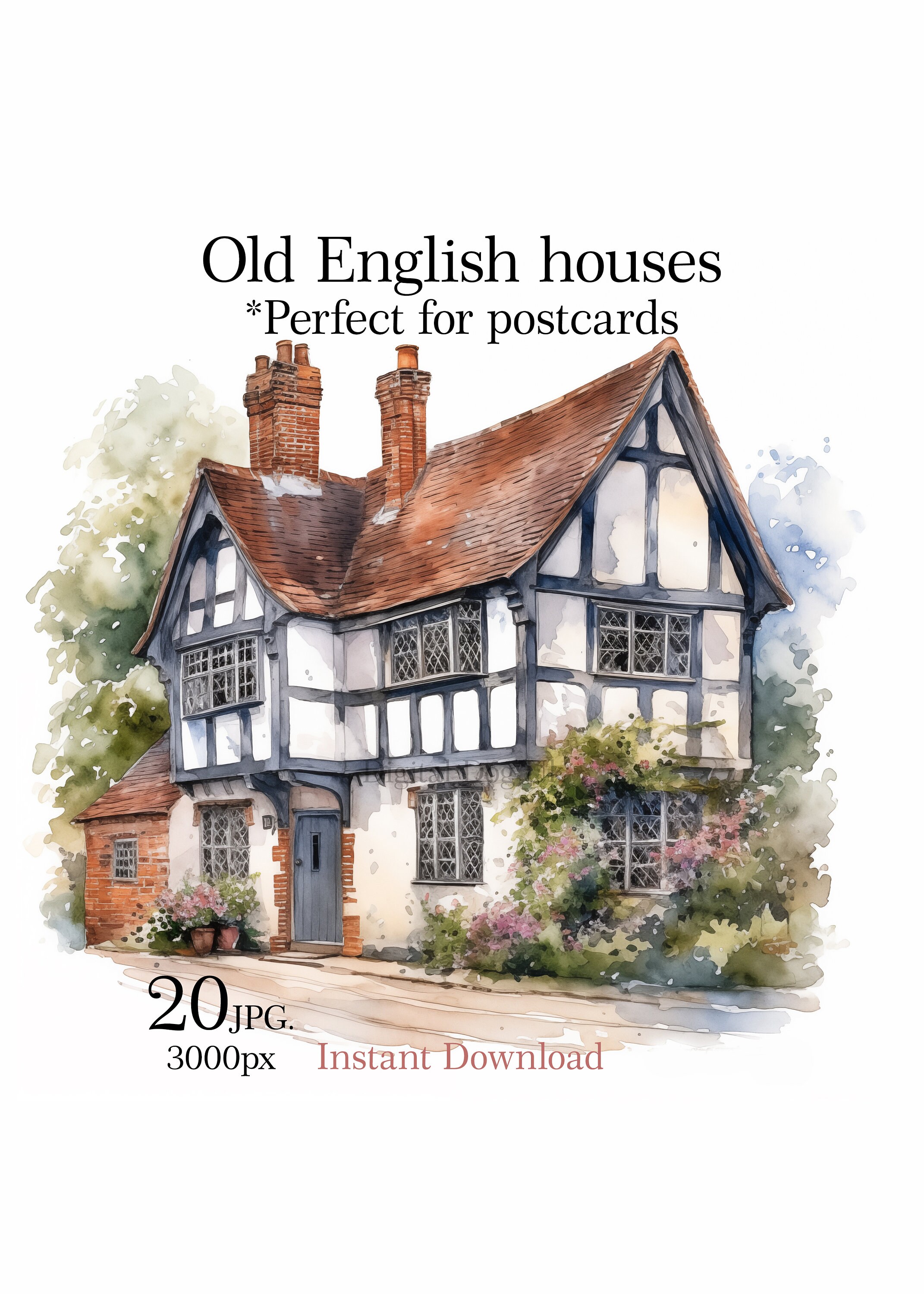Old English Houses Clipart Watercolor London, Tudor, Britain, Half ...