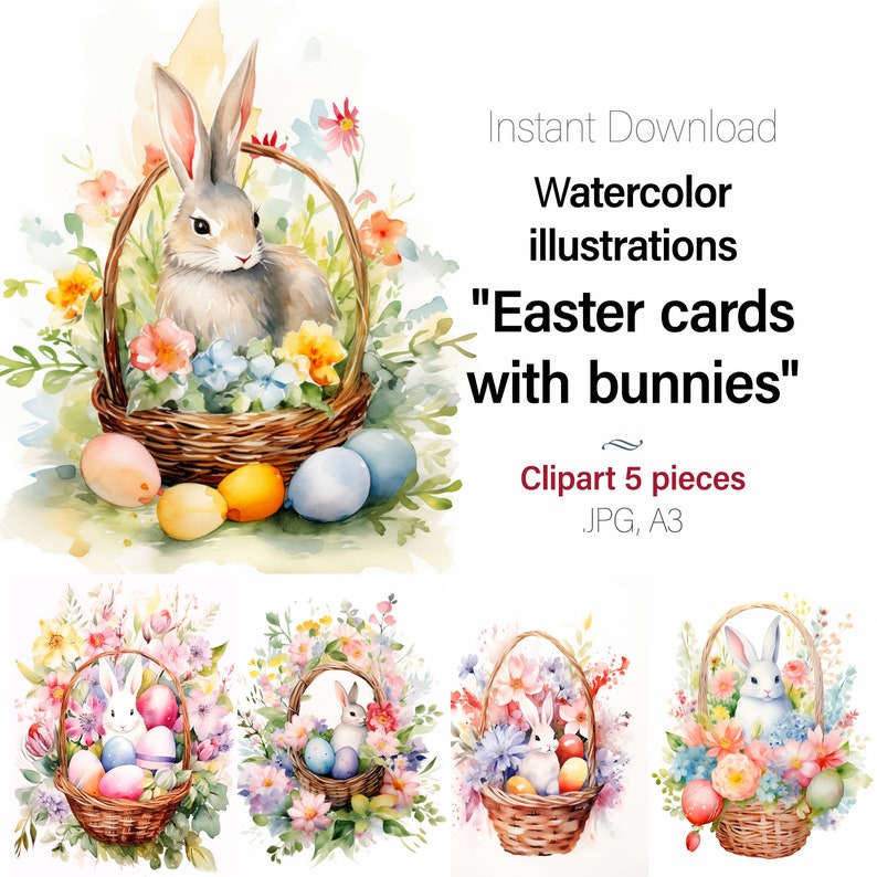 Watercolor Clipart Easter Cards With Bunnies, Easter Watercolor Art ...