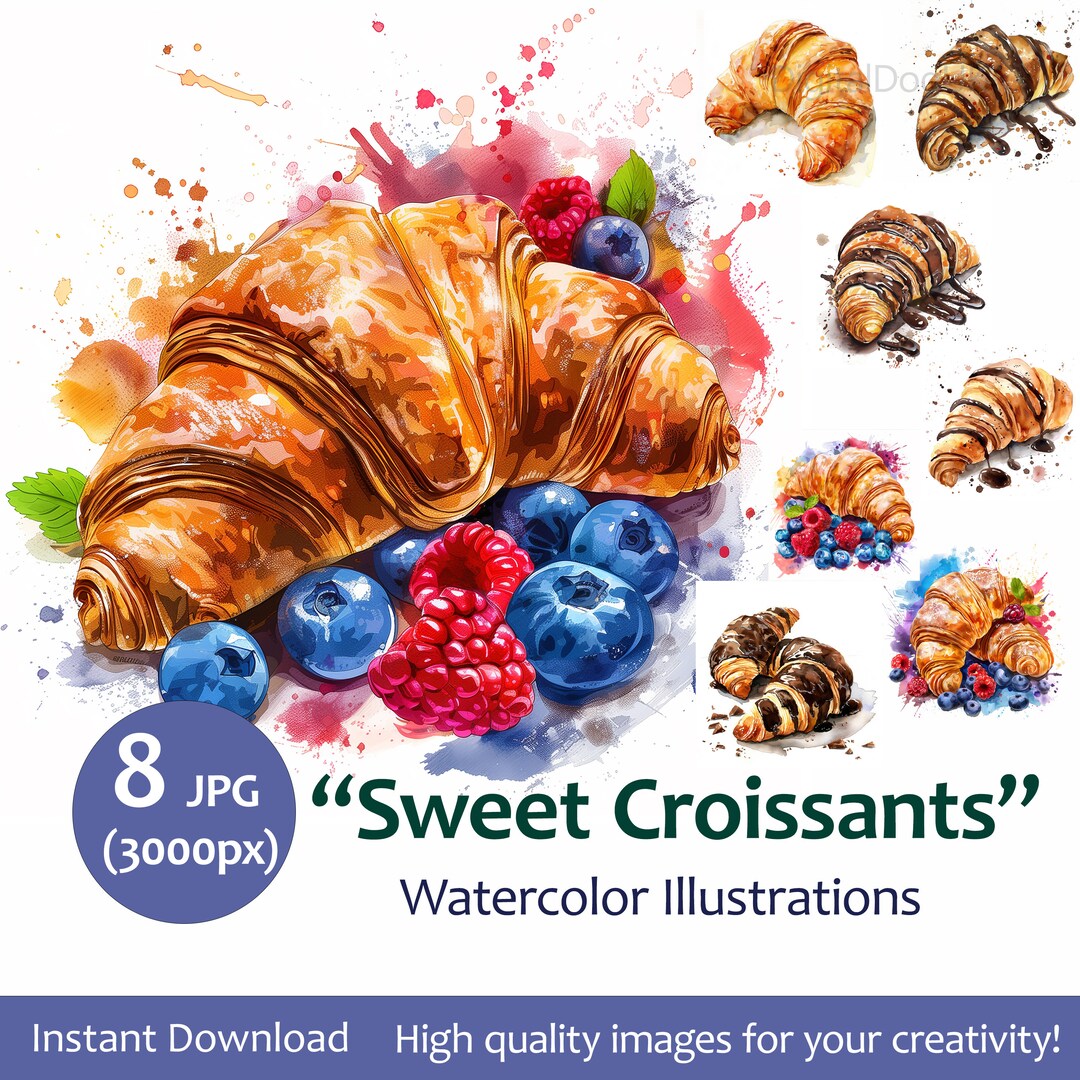 Watercolor Clipart Bundle Sweet Croissants, Scrap Journal, Paper Crafts ...