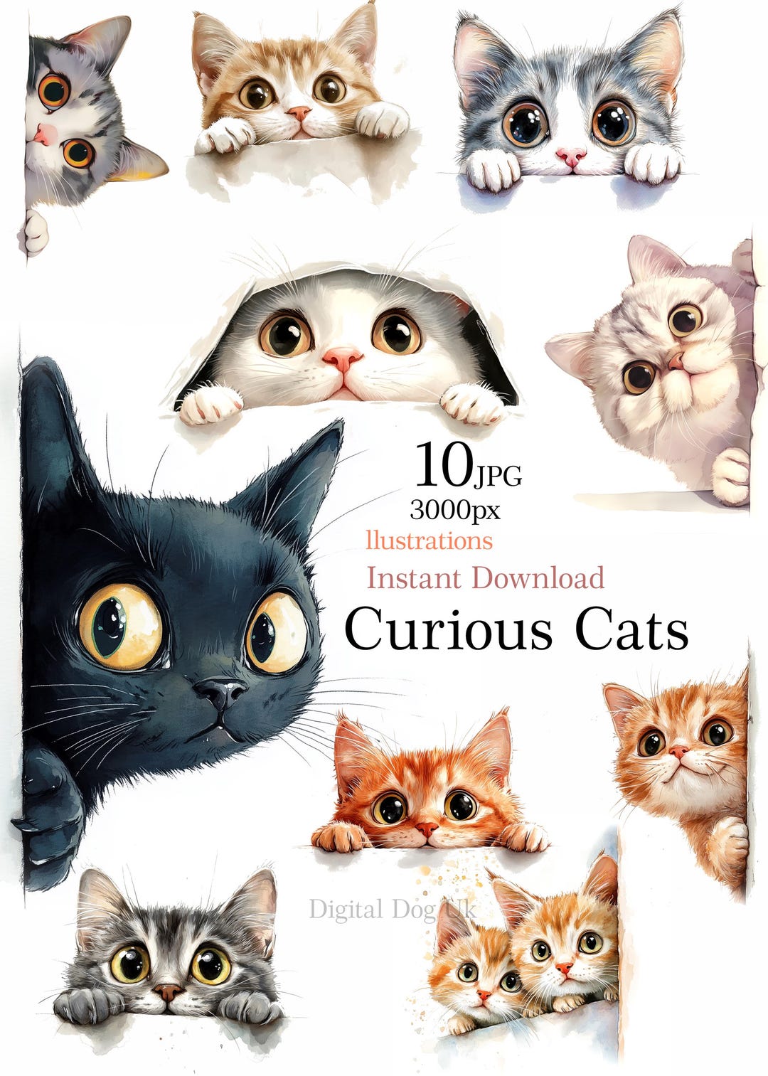Peek-a-boo Cats Clipart Illustration for Printing, Peeking Out Kitten ...