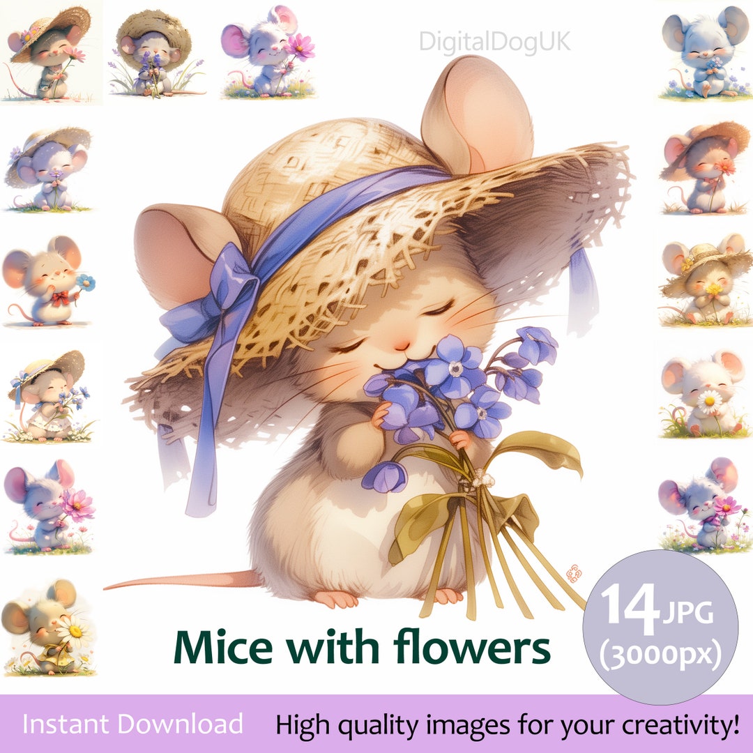 Mouse With Flower Clipart, Cute Mice Illustration, Happy Mouse Image ...