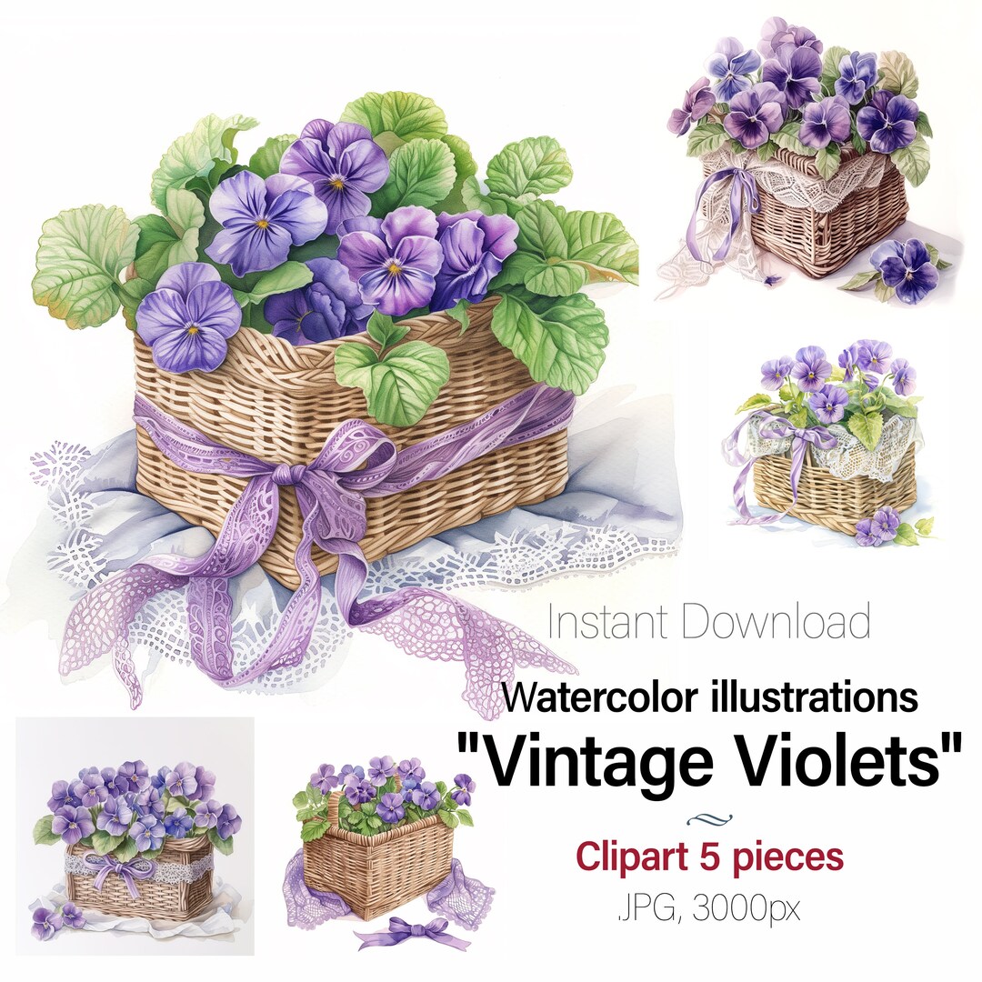 Violets Flower Basket Vintage Watercolor. Purple Flowers Card Craft, Clipart, Junk Journal 5 ...