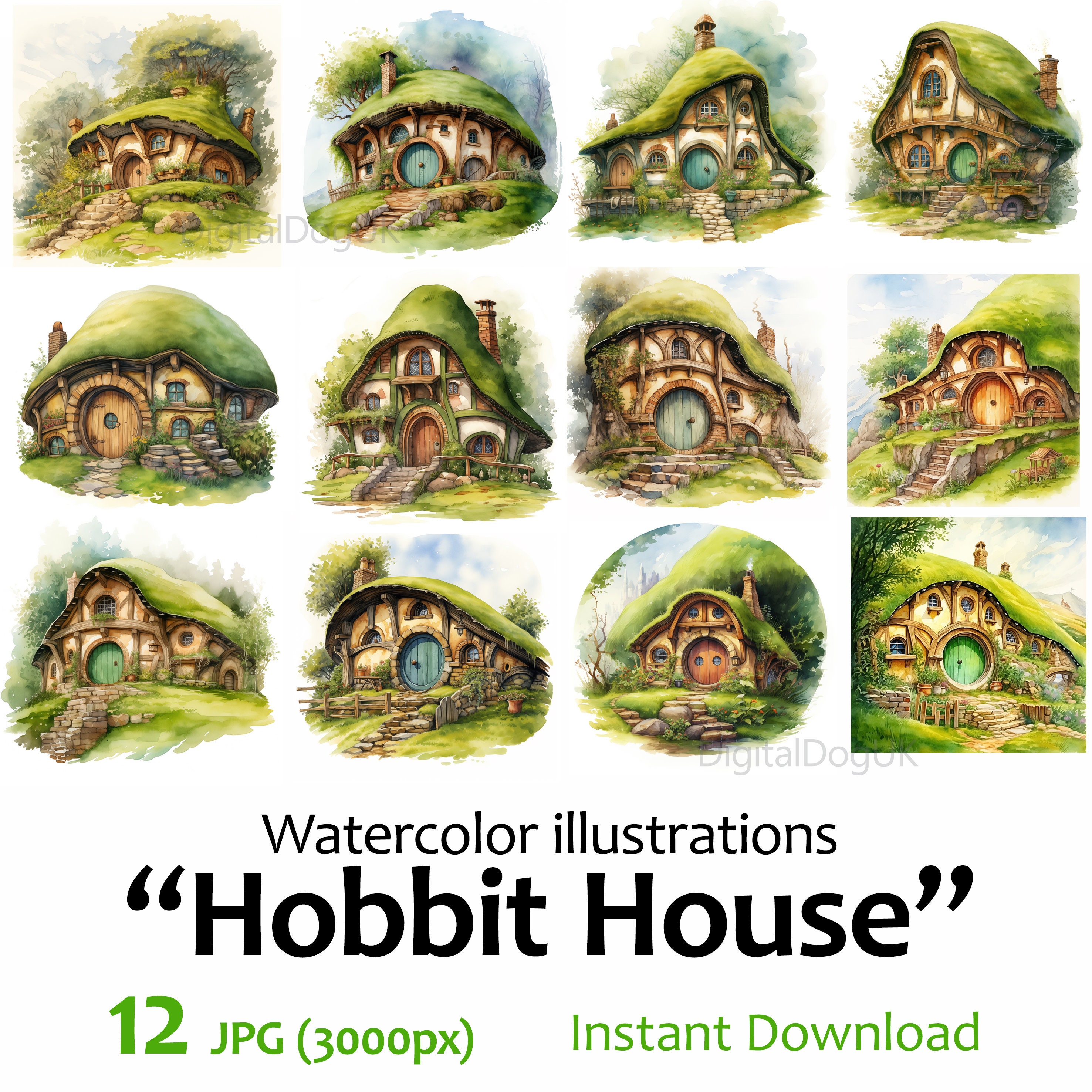Watercolor Hobbit House Cet, Cottage Images, History Clipart, Landscape ...