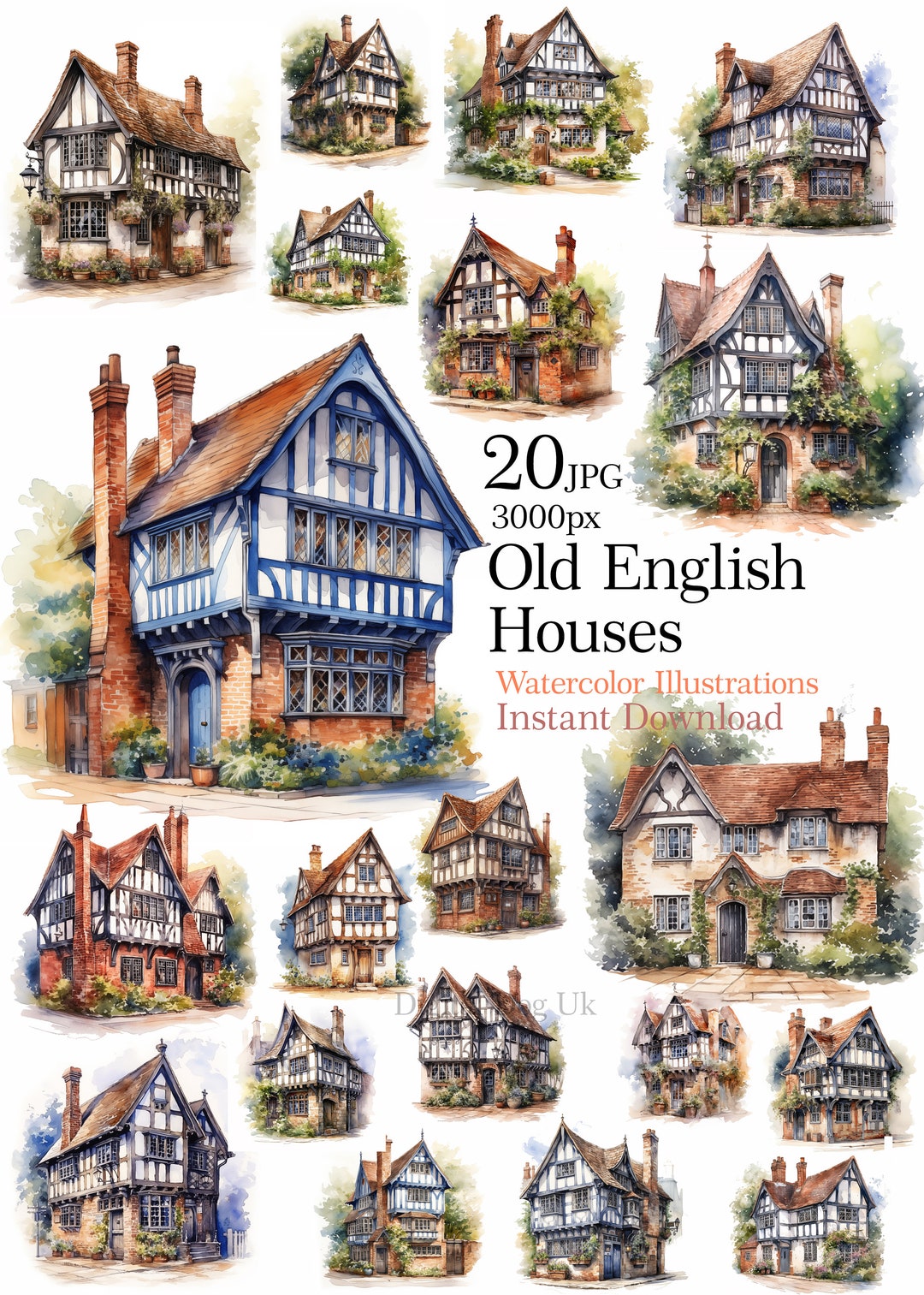 Old English Houses Clipart Watercolor London, Tudor, Britain, Half ...