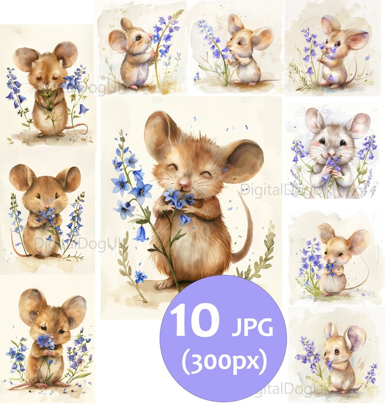 Watercolor Illustration Mice Clipart Bundle, Mouse With Bluebells ...