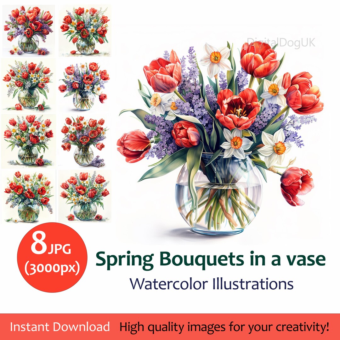 Flower Clipart Bouquet Tulips, Daffodils, Spring Flower Bundle Illustration, for Wedding ...