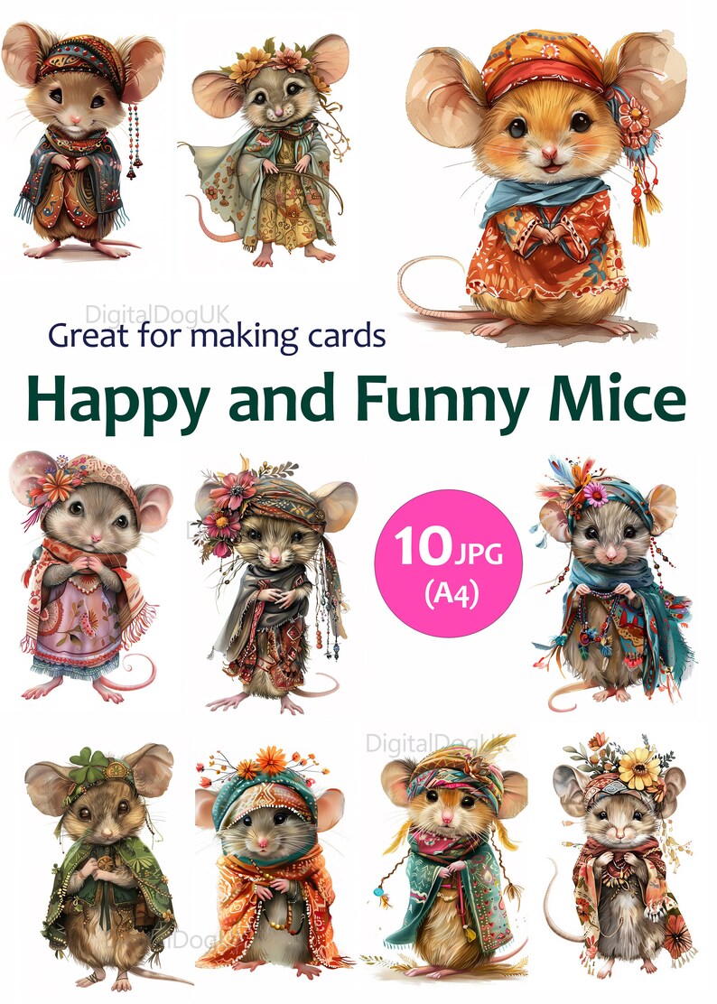 Watercolor Clipart Bundle Mice, Happy and Funny, Gypsy Mouse Clipart ...