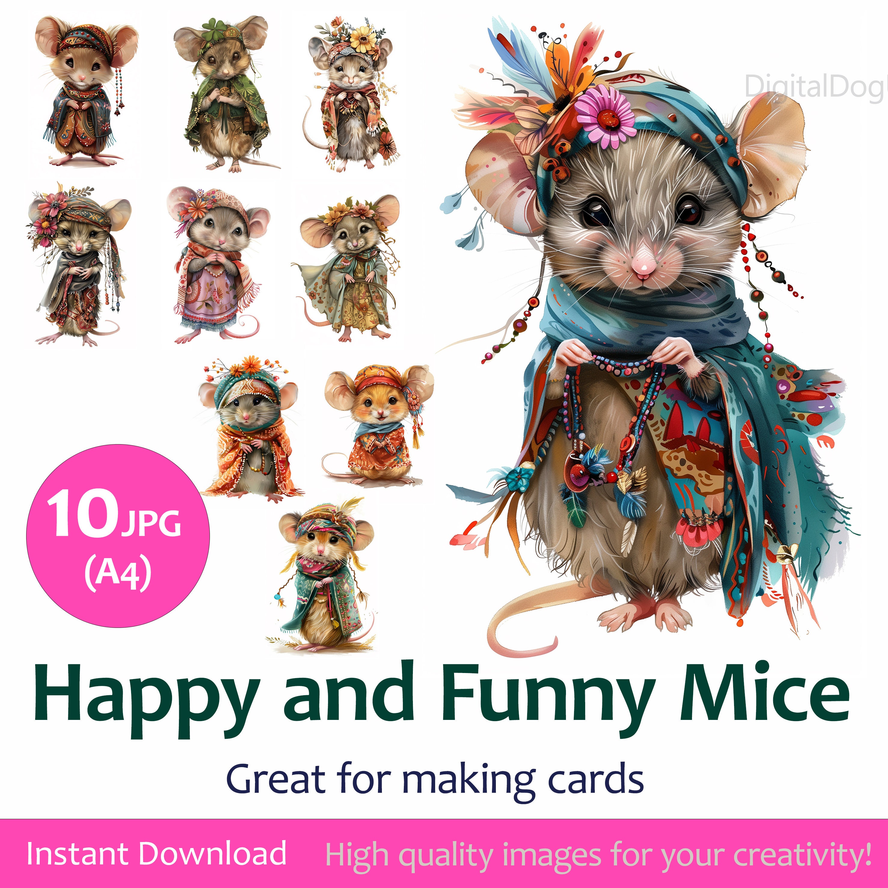 Watercolor Clipart Bundle Mice, Happy and Funny, Gypsy Mouse Clipart ...