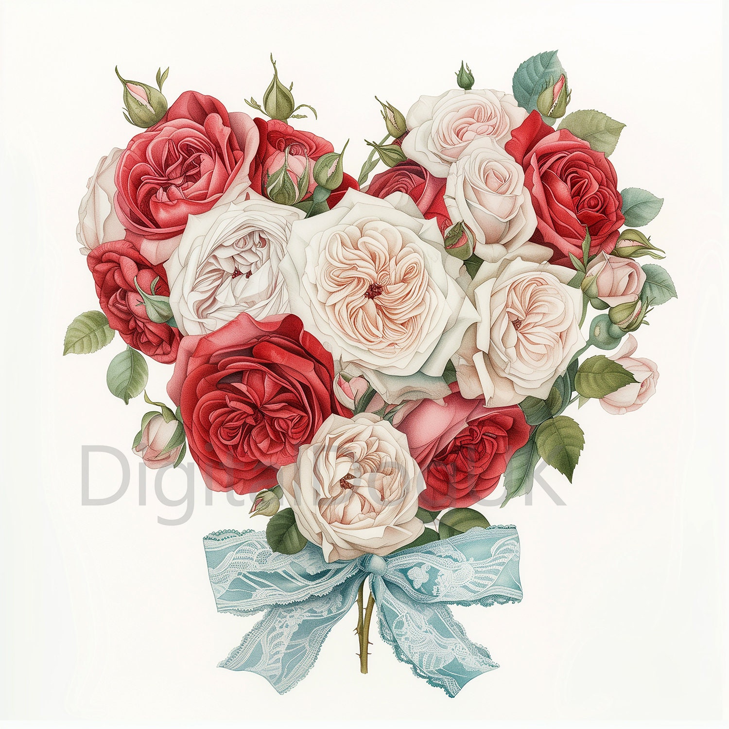 Valentine's Day Clipart, Roses Vintage Watercolor Flower Heart With ...