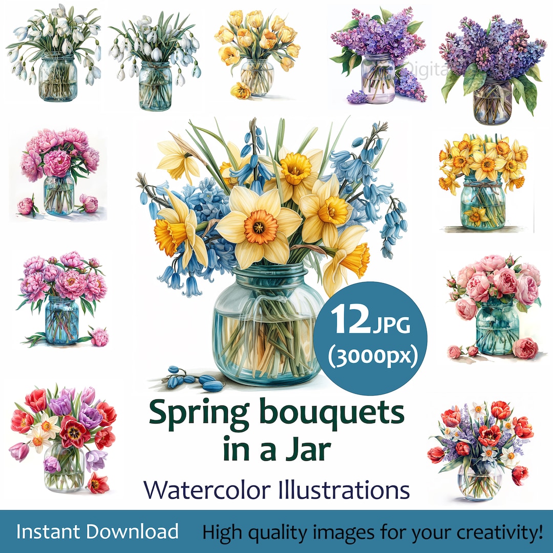 Vase of Spring Flowers Watercolor Clipart, Bundle Bouquet Garden ...