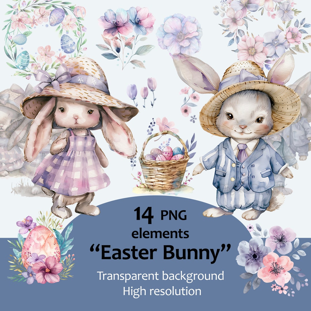 Easter Bunny Clipart, Easter Rabbit Illustration Bundle in Pastel ...