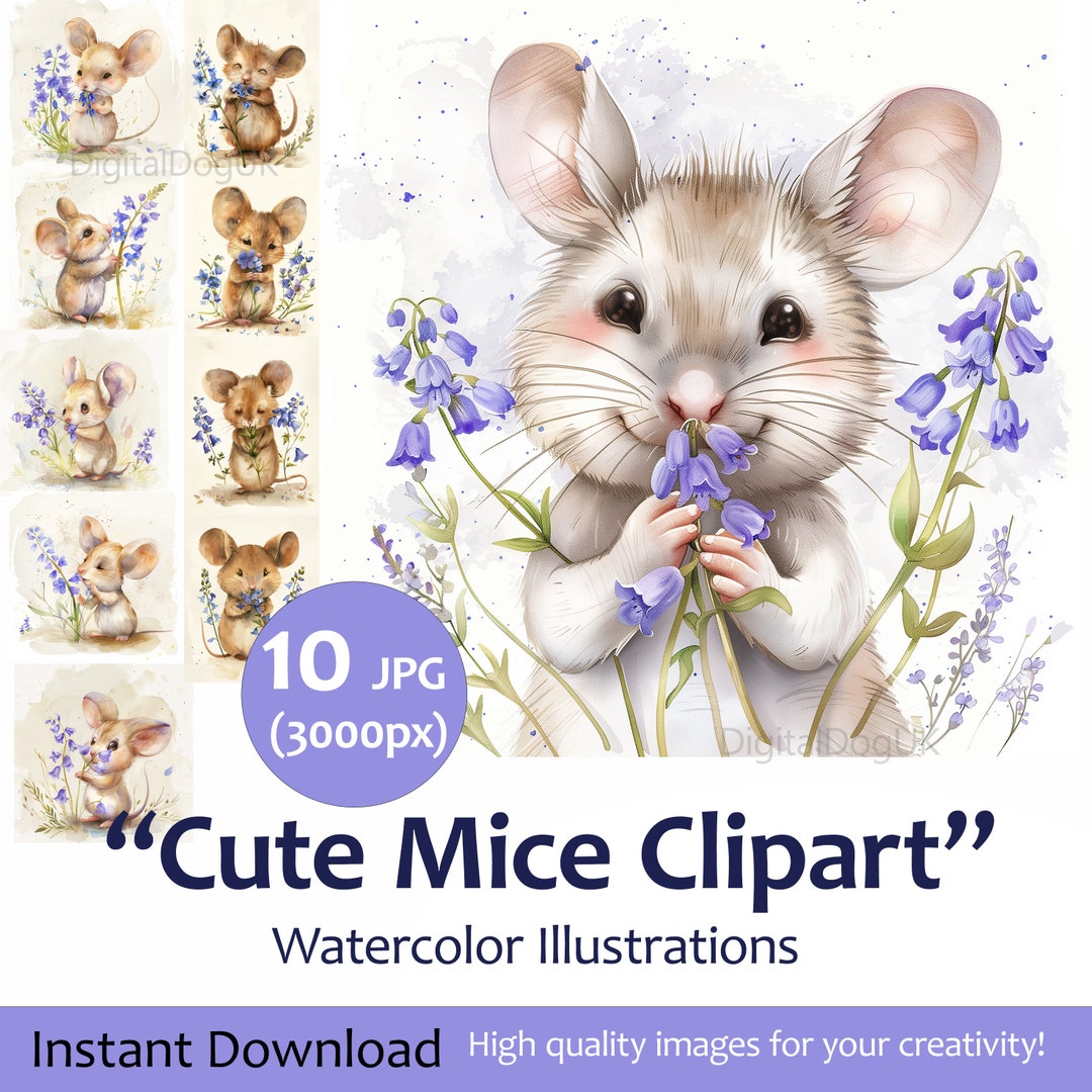 Watercolor Illustration Mice Clipart Bundle, Mouse With Bluebells ...