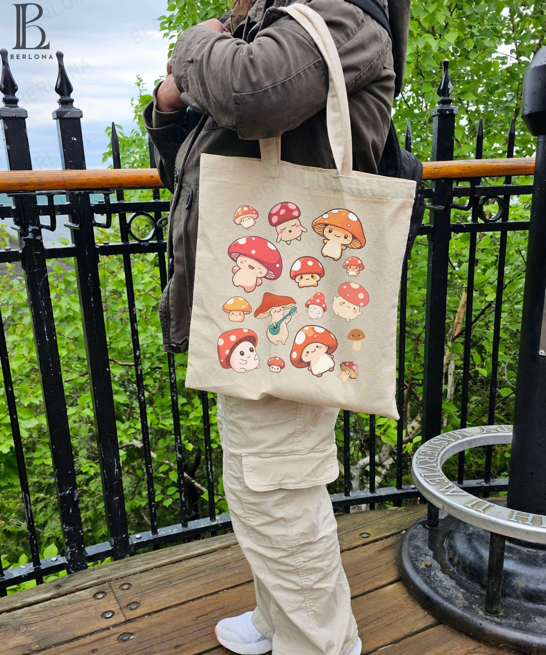 Happy Mushroom Tote Bag, Fungi Print Shoulder Bag, Nature Lover Handbag ...