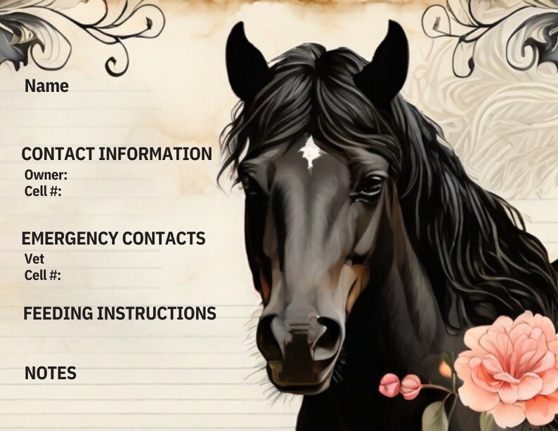 Custom Black Horse Barn Stall Card Instant Digital Download ...