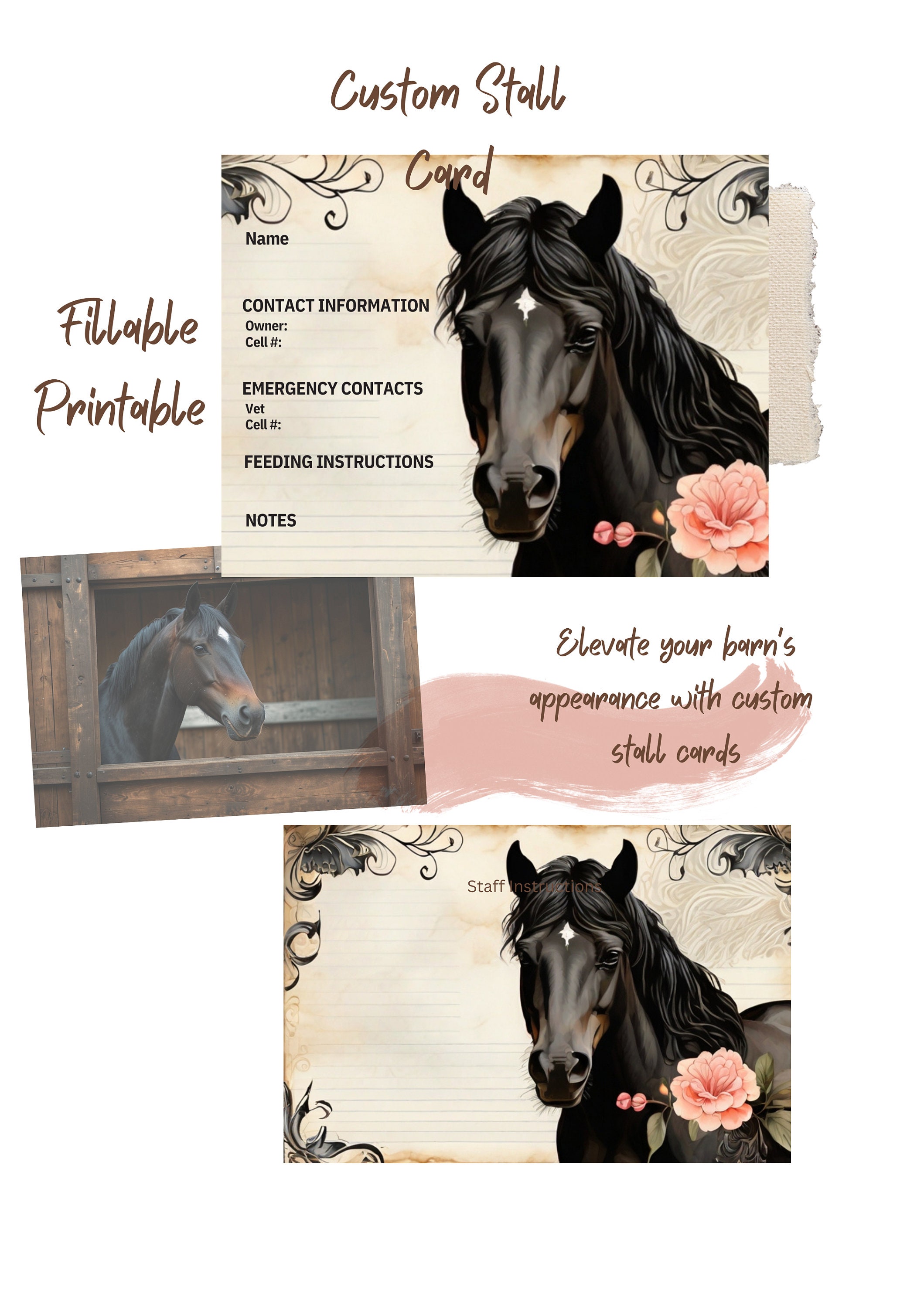 Custom Black Horse Barn Stall Card Instant Digital Download ...