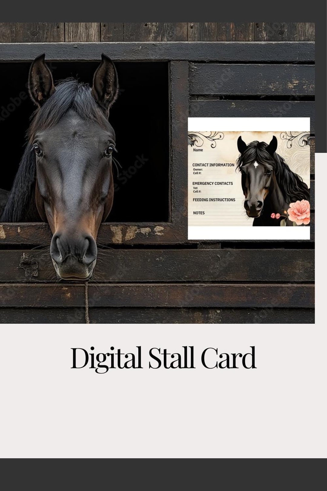 Custom Black Horse Barn Stall Card Instant Digital Download ...