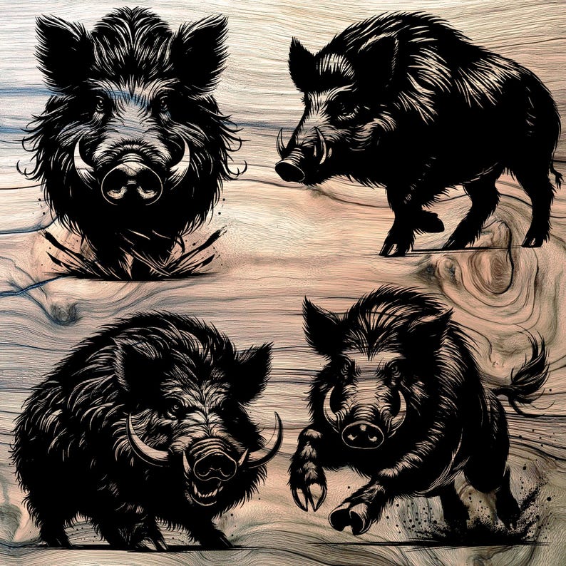 4 Wild Boar Vector Bundle: 4 Designs for Wood, T-shirts, Slate, Canvas ...