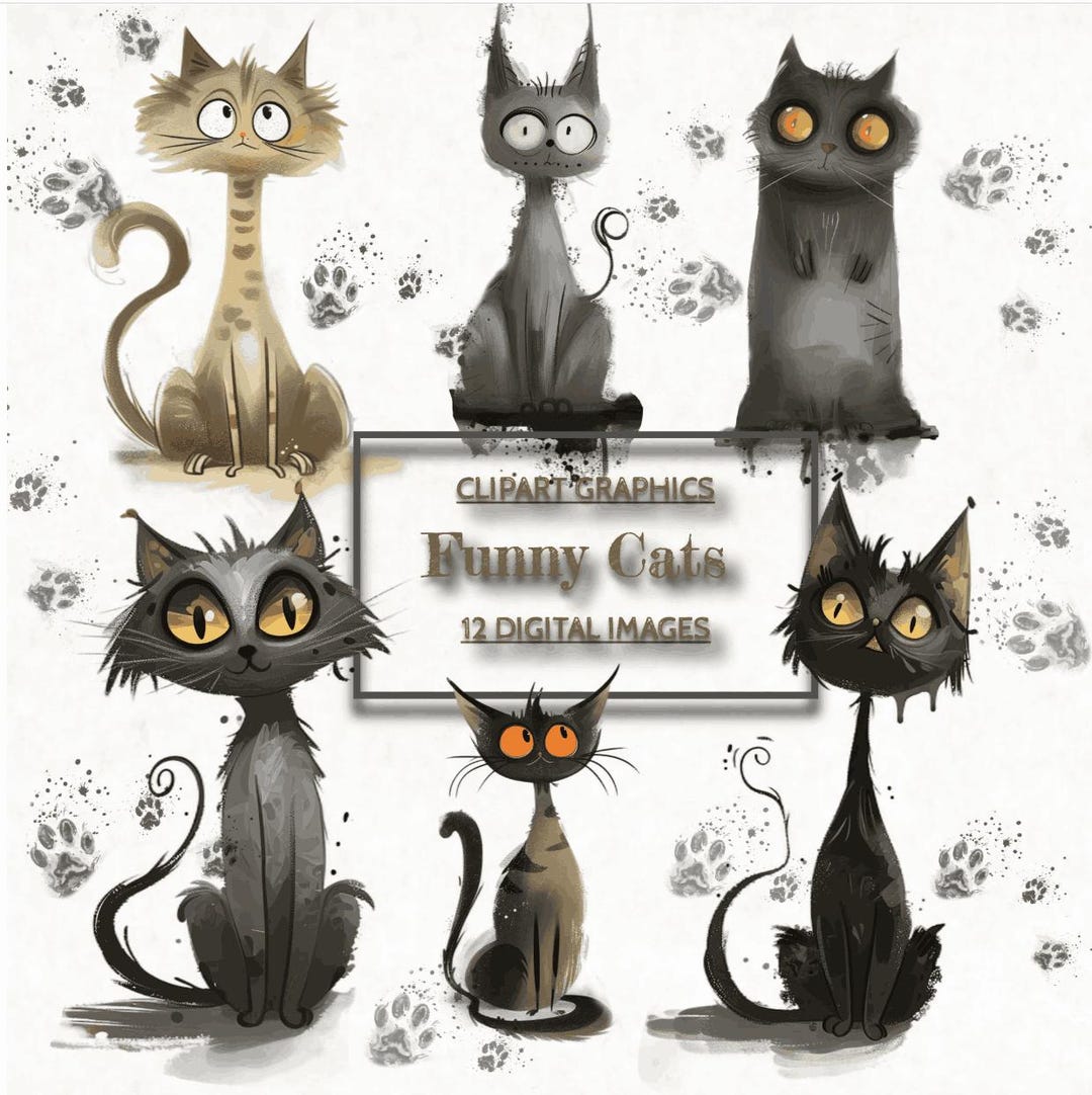 12 Funny Cats Clipart Watercolor, Quirky Cat Clipart, Whimsical Cats ...