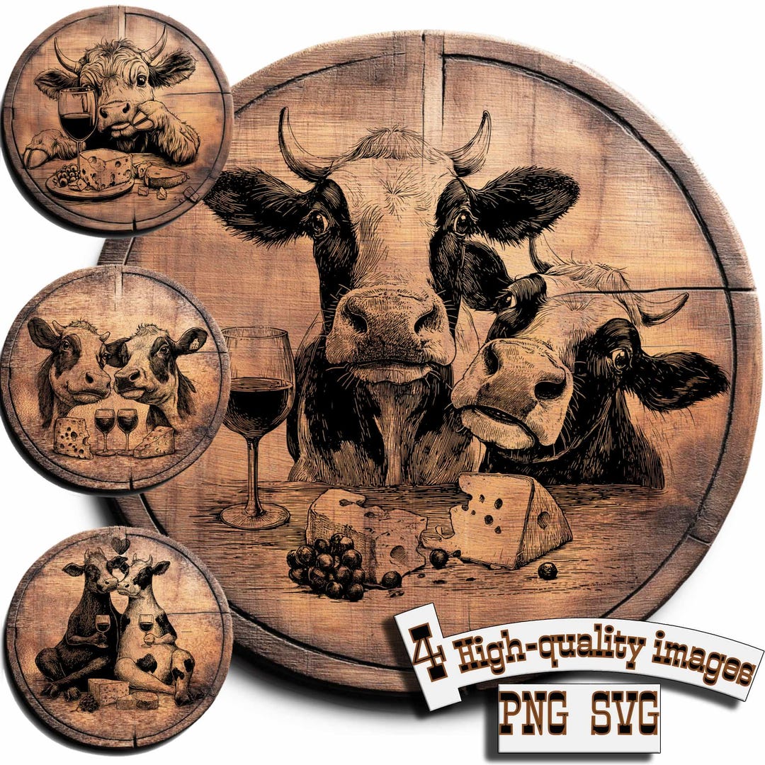 4 Cow Wine and Cheese Vector Bundle: Design for Wood, T-shirts, Slate ...