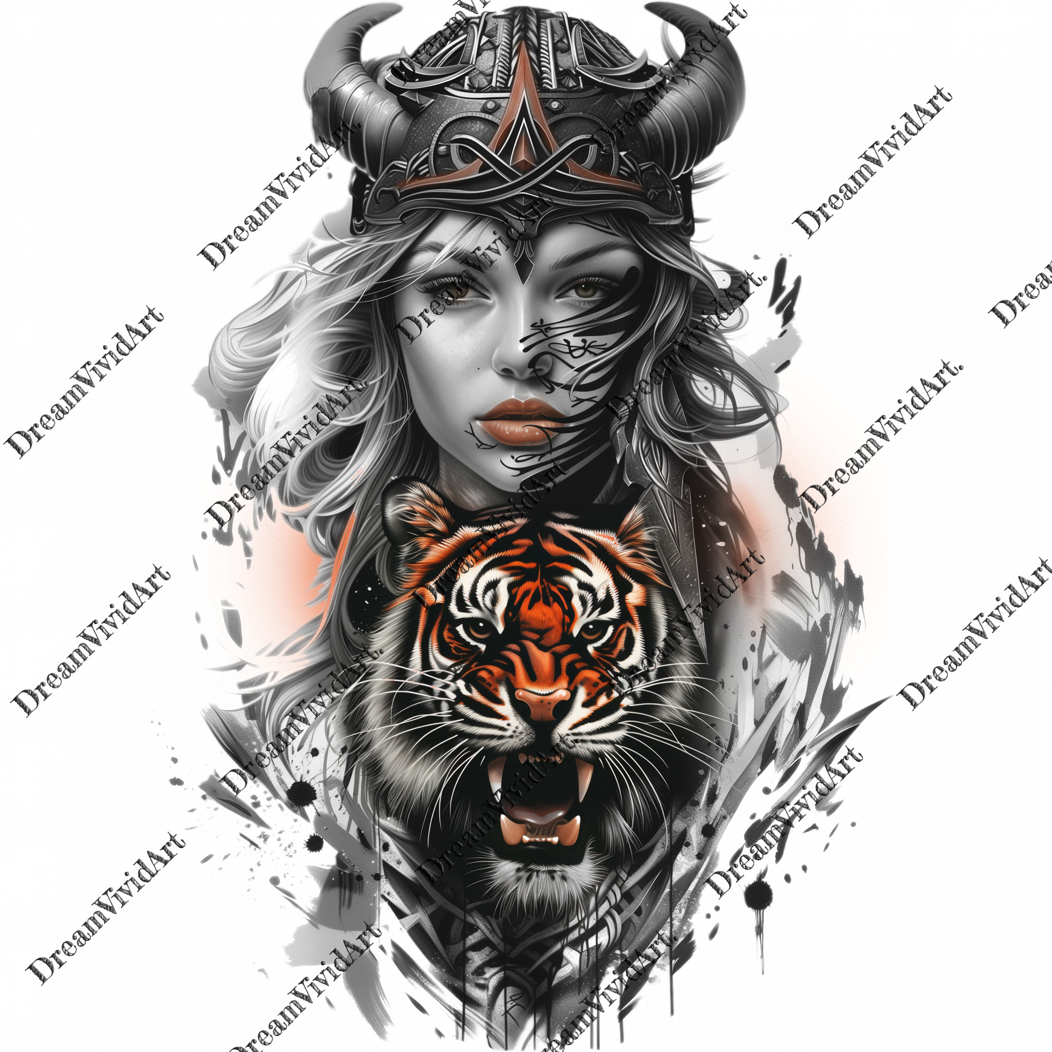Viking Woman and Tiger Tattoo Design, Digital Clipart, Viking Woman ...