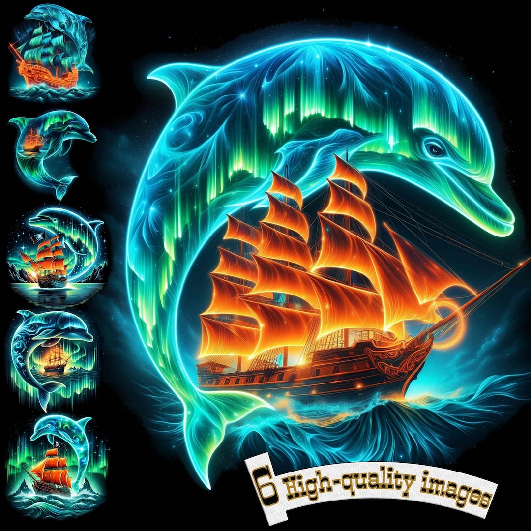 6 Dolphin and Pirate Ship Clipart, Illustration for Clothing, Souvenirs ...