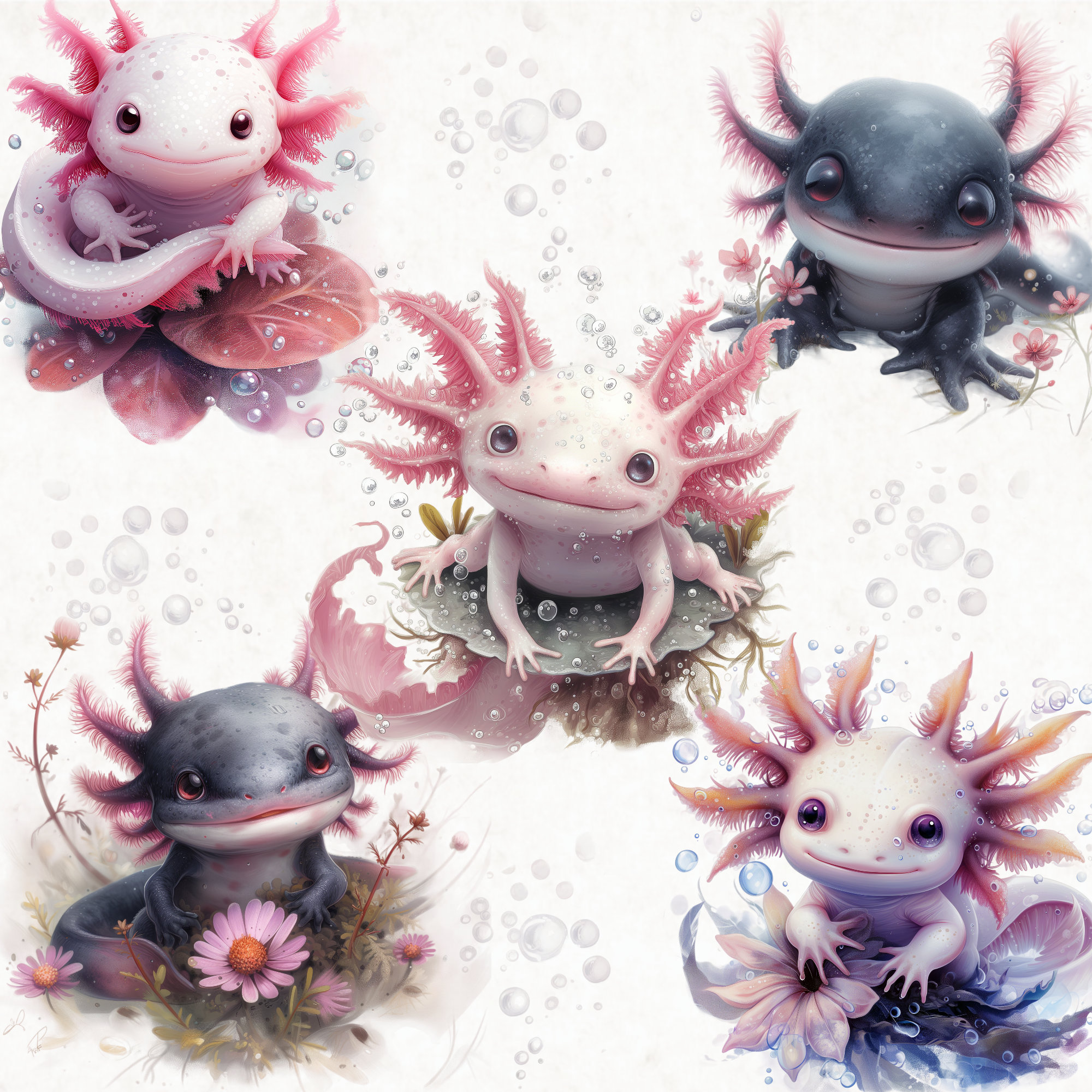 12 Axolotl Clipart, Cute Axolotl PNG, Axolotl Daisy Flowers, Water ...