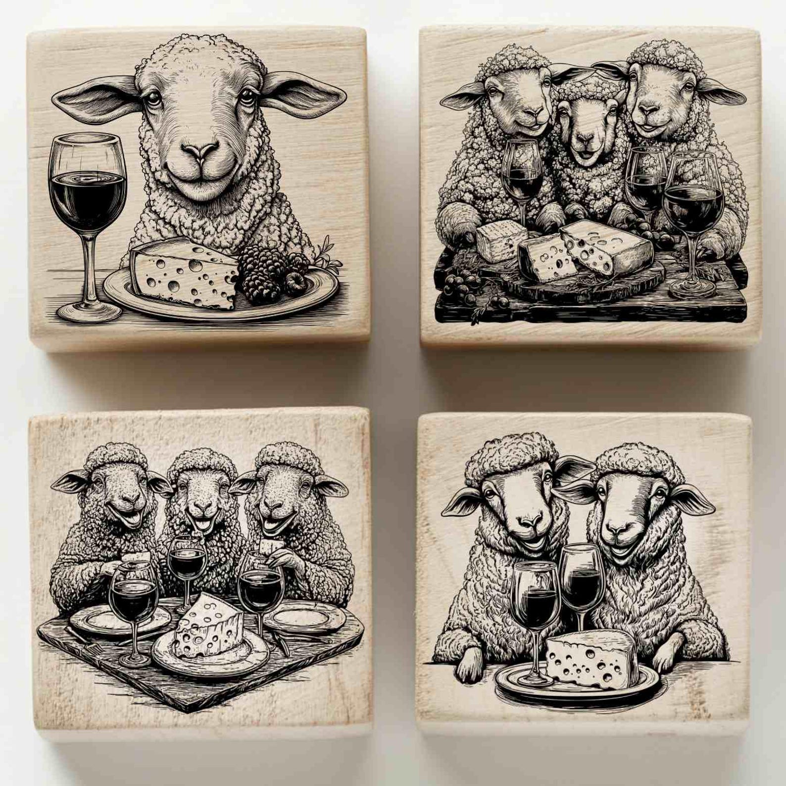 Bundle 4 Sheep Wine and Cheese Vector for Design on Wood, T-shirts ...