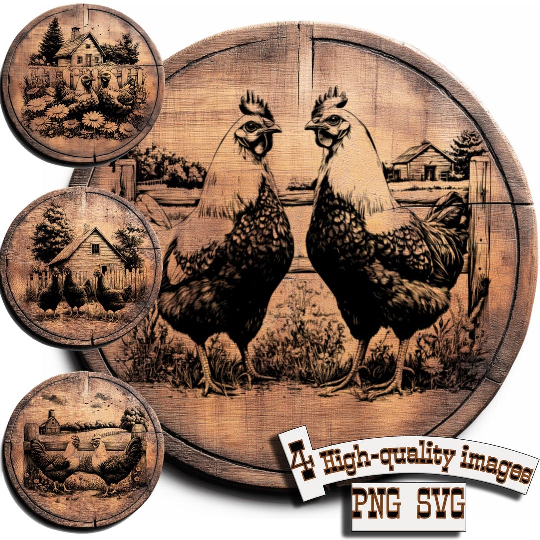 4 Farm Chickens Vector Bundle for Wood, Shirts, Mugs, Laser Engraving ...