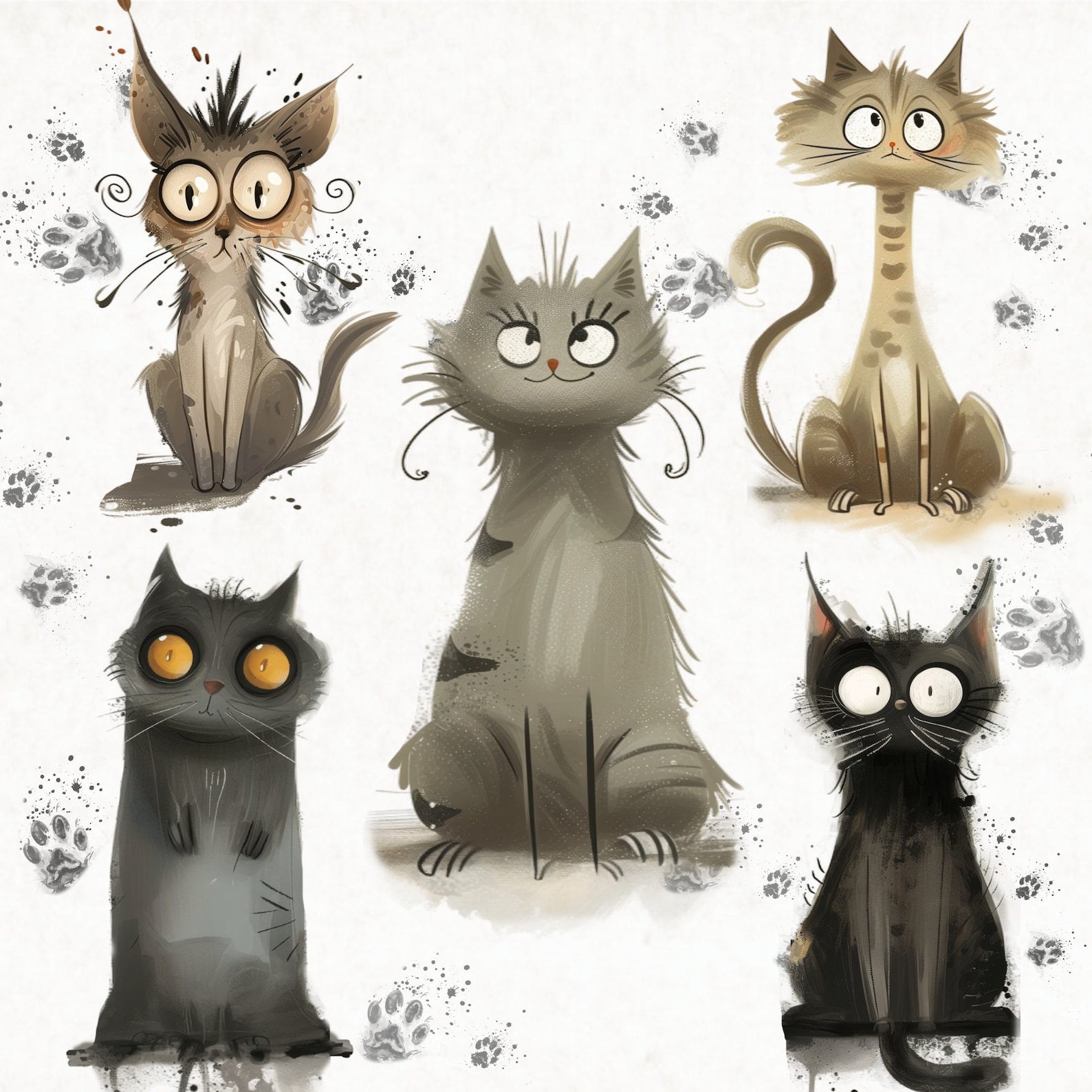 12 Funny Cats Clipart Watercolor, Quirky Cat Clipart, Whimsical Cats ...