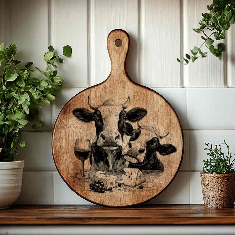 4 Cow Wine and Cheese Vector Bundle: Design for Wood, T-shirts, Slate ...