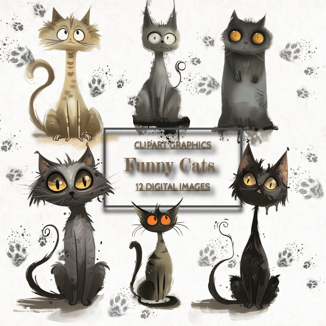 12 Funny Cats Clipart Watercolor, Quirky Cat Clipart, Whimsical Cats ...