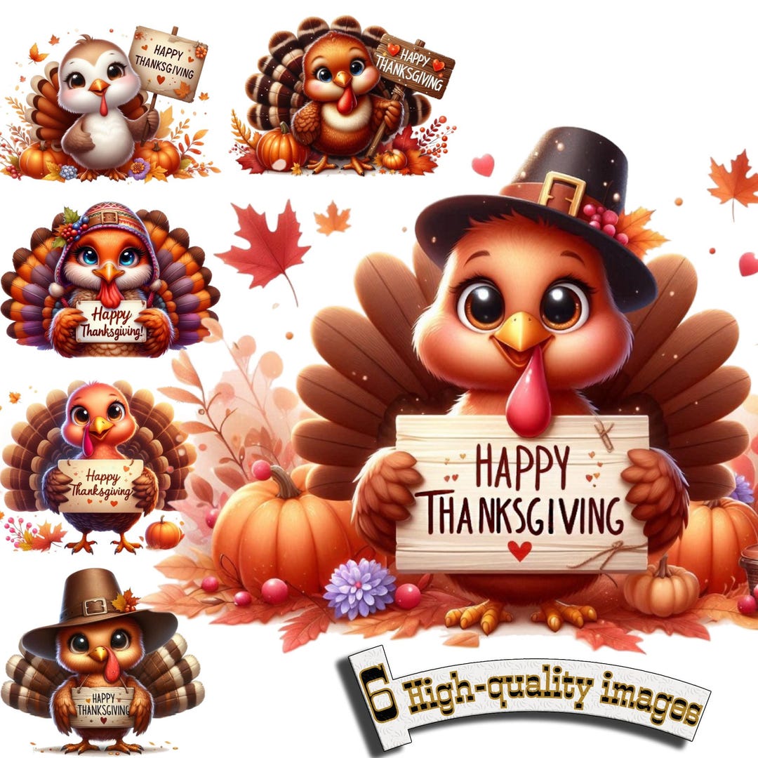 6 Adorable Turkey Clipart Collection: Autumn-themed Thanksgiving ...