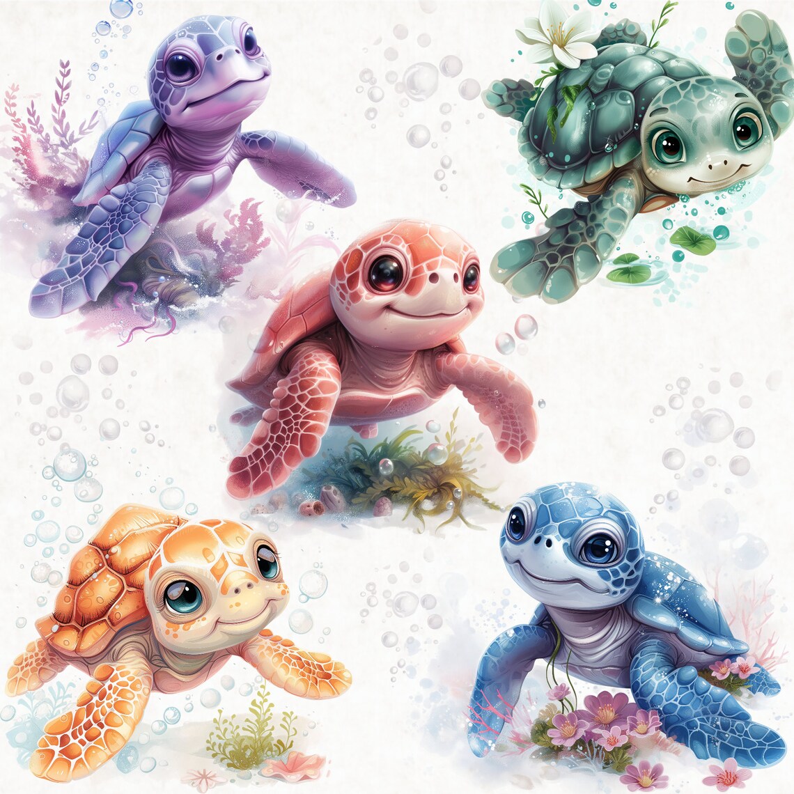 12 Cute Turtle Clipart, Turtle PNG, Turtle in Water, Sublimation Turtle ...