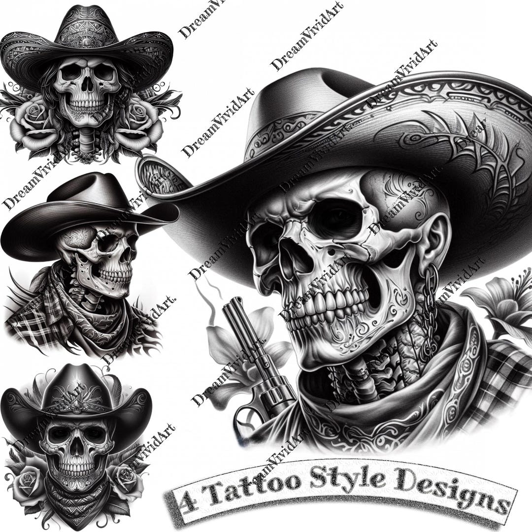 Skeleton Cowboy Tattoo Design, Digital Clipart, Mexican Skull Clip Art ...