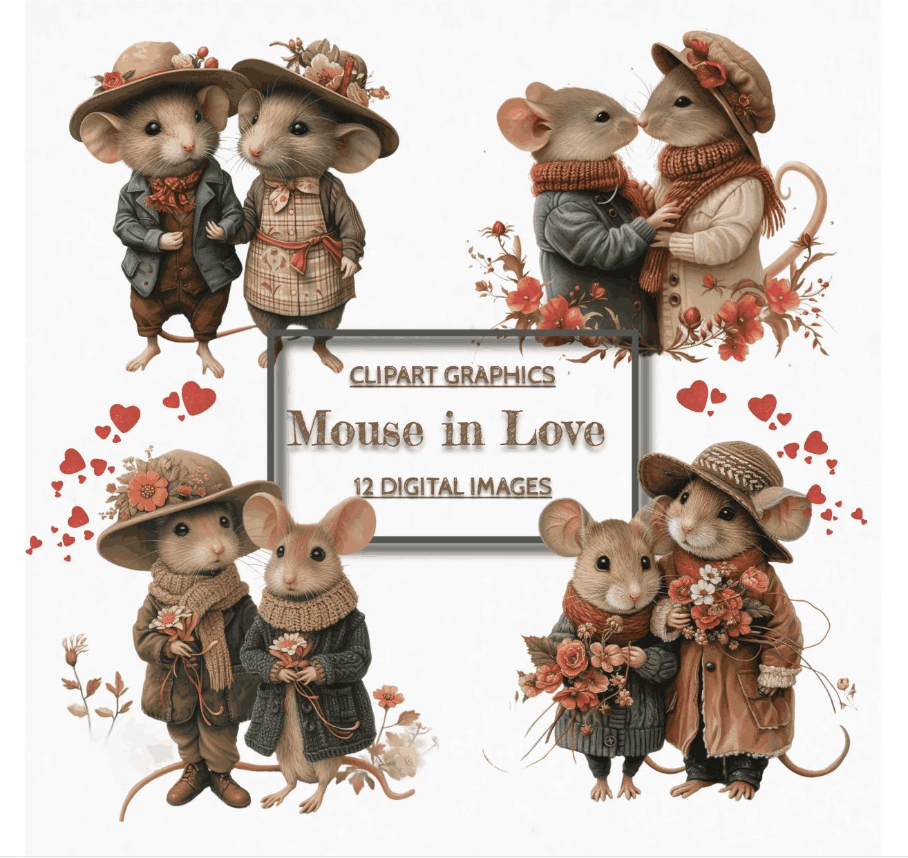 12 Mice Clipart Watercolor, Lovely Valentines Day, Mouse Couple ...