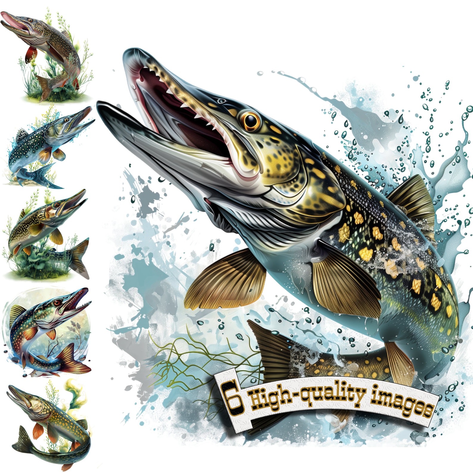 6 Pike Fish Clipart, Pike Clipart PNG, Fishing, Digital Graphic ...