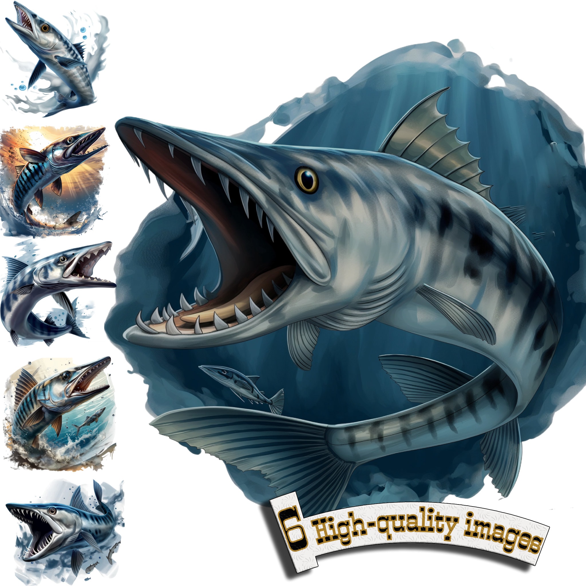 6 Barracuda Fish Clipart, Barracuda Clipart PNG, Fishing, Digital ...