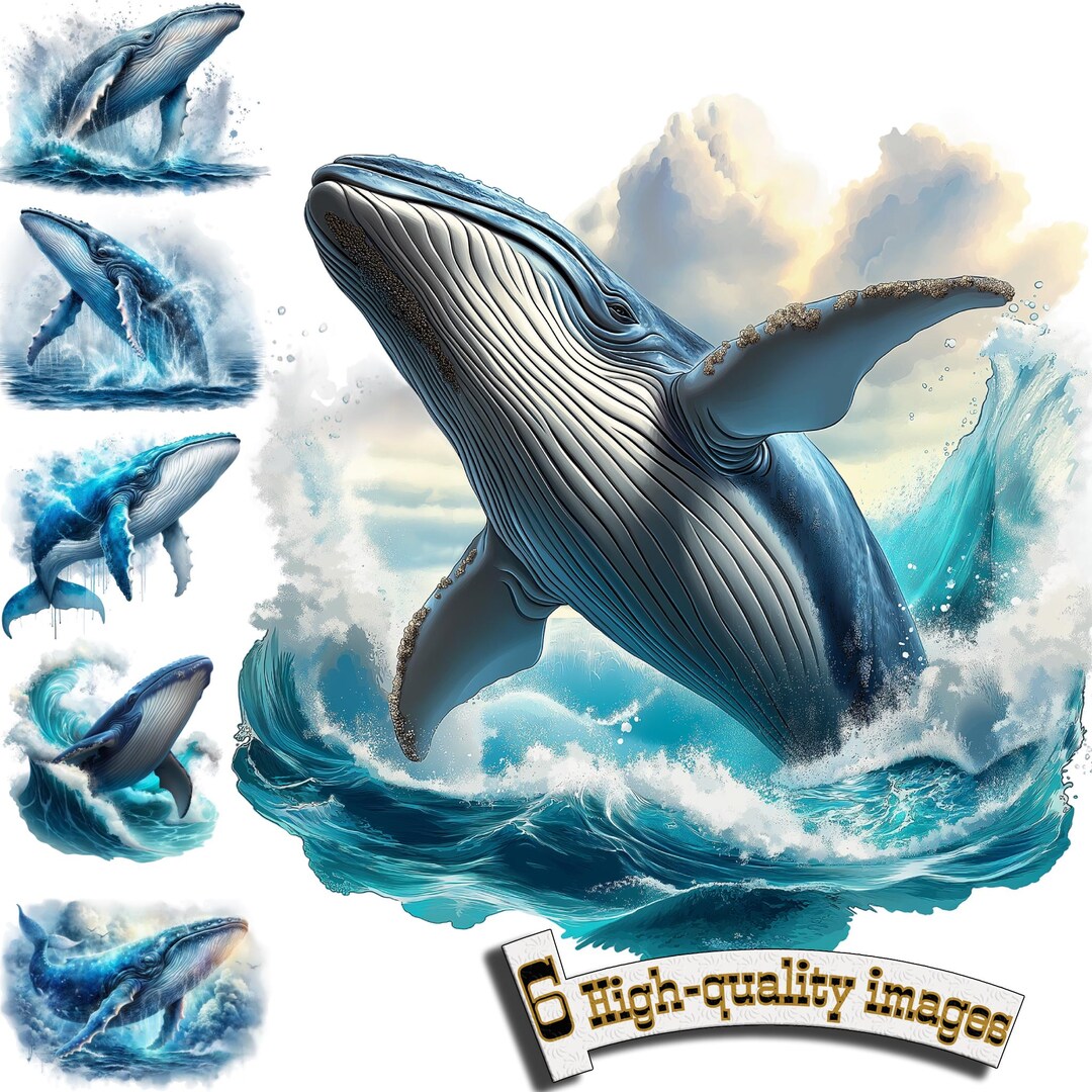 6 Blue Whale Ocean Clipart: Cute Aquatic Animal PNG for Sublimation ...