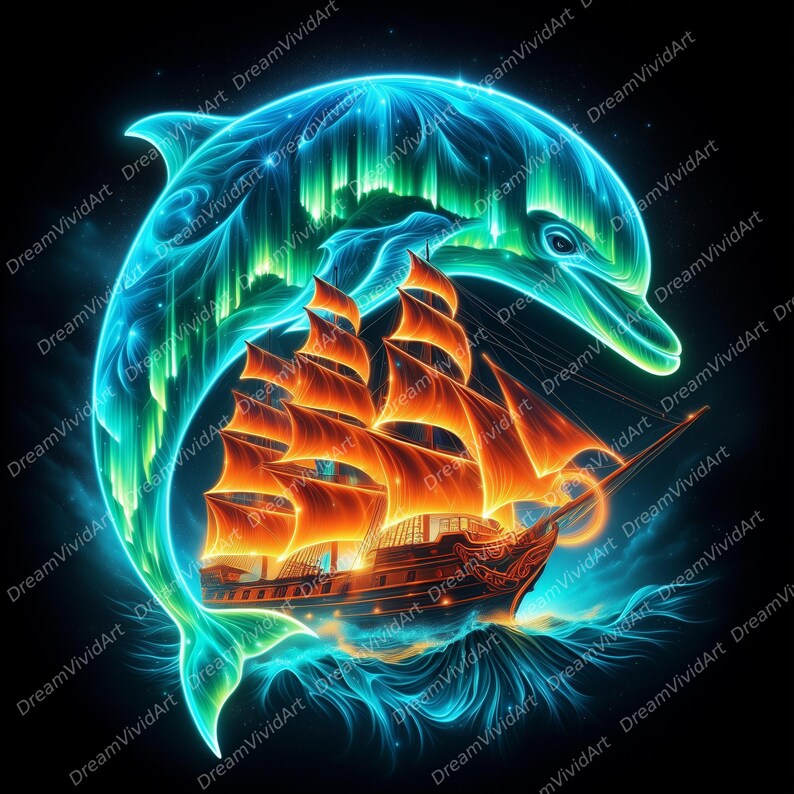6 Dolphin and Pirate Ship Clipart, Illustration for Clothing, Souvenirs ...