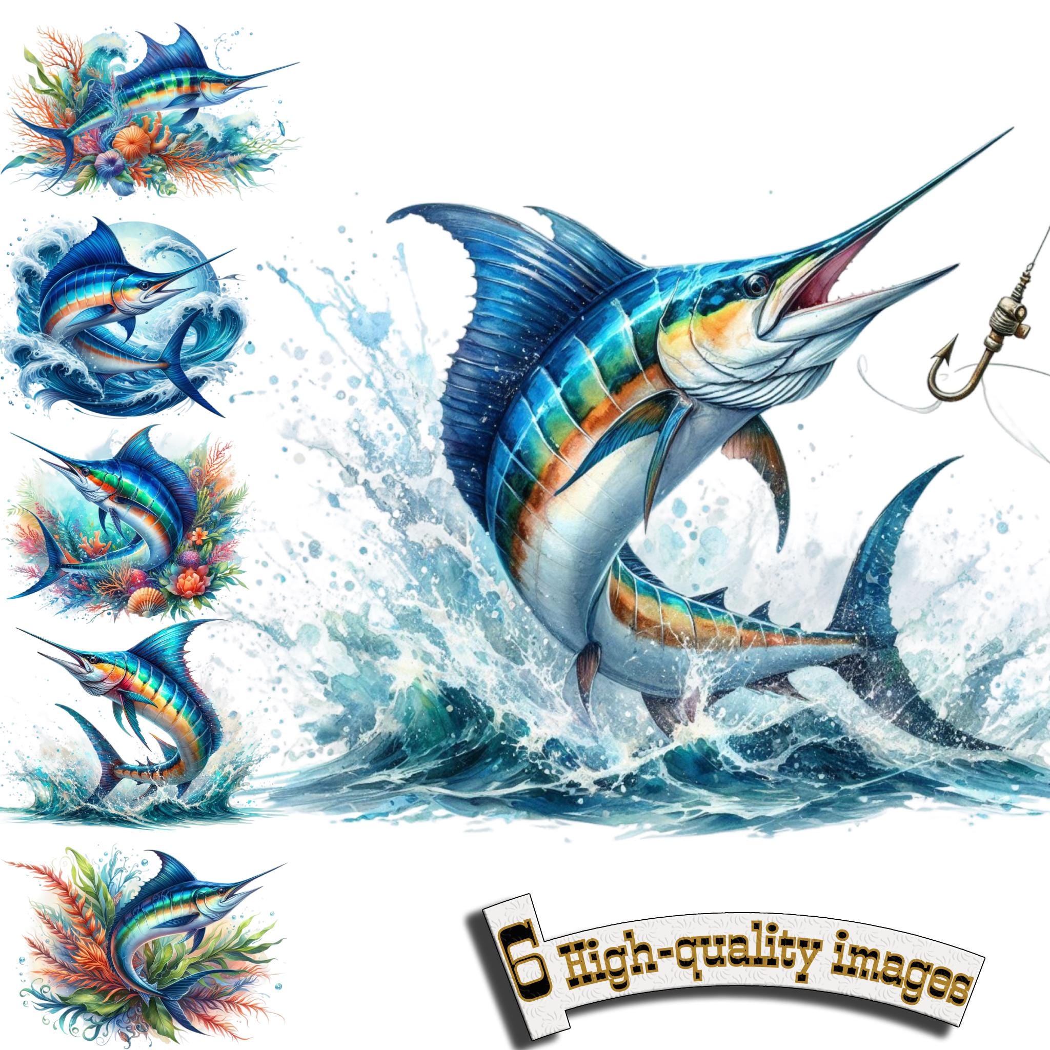 6 Marlin Fish Clipart, Marlin Fish Clipart PNG, Fishing, Digital ...